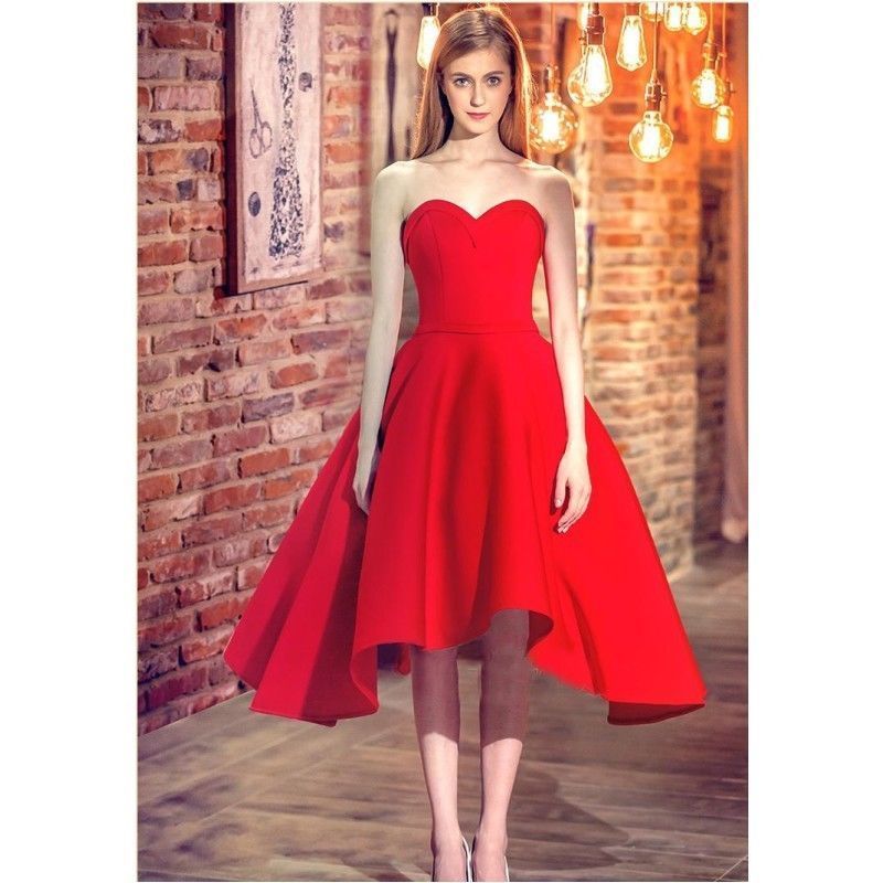 Red Tea-length Homecoming Dress Satin Prom Dress Party Dress on Luulla