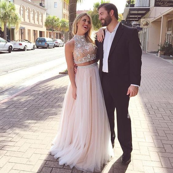 Two Piece Long Prom Dress 2018, Peach Long Prom Dress on Luulla