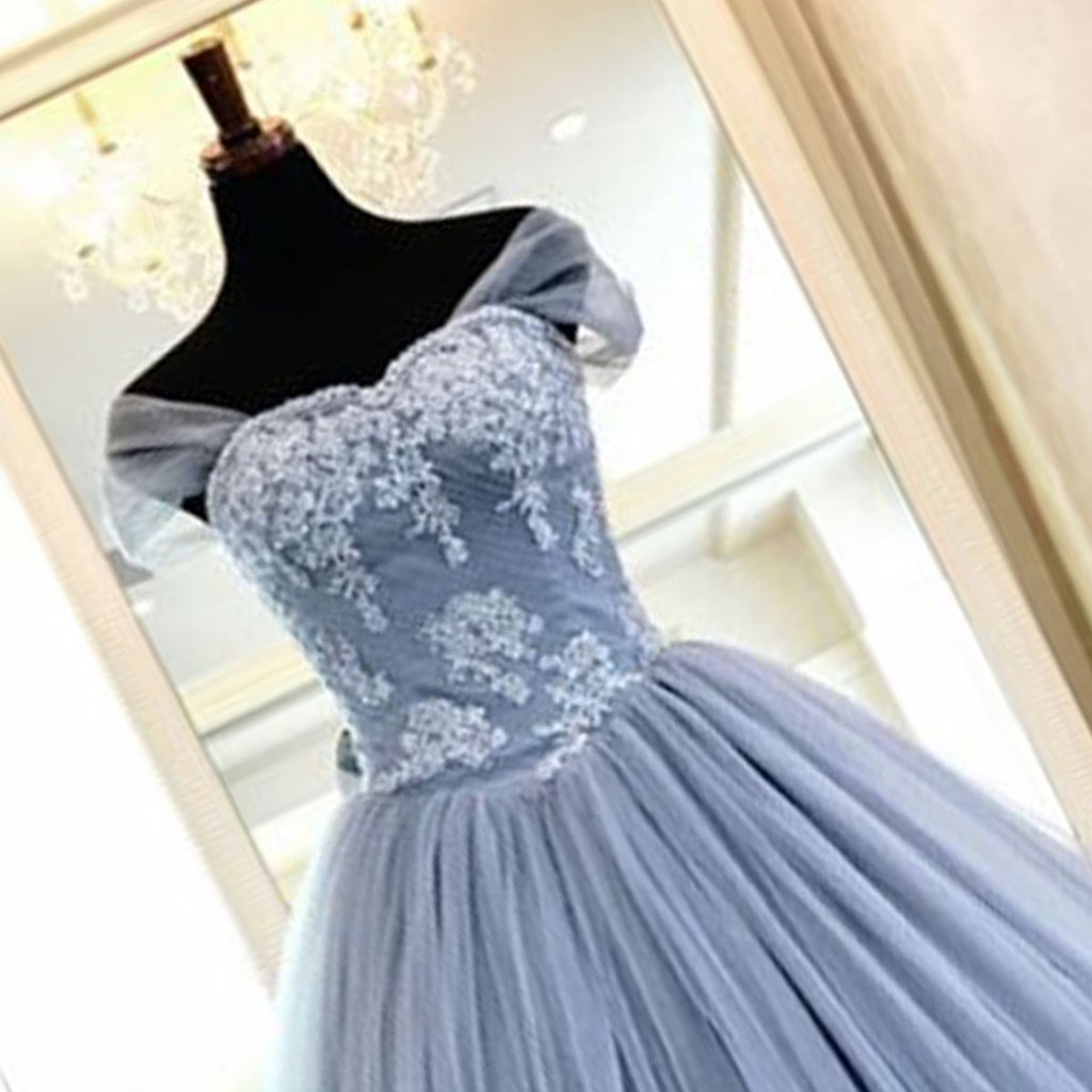 Blue Gray Tulle High Neck Cap Sleeve Long Evening Dress, Long Formal ...